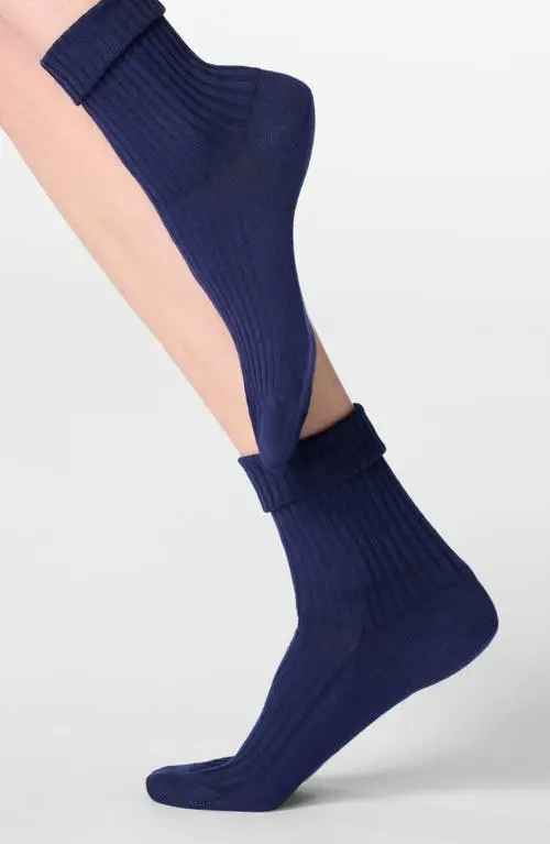 Oroblu Cotton Blend Rib Crew Socks - Blue