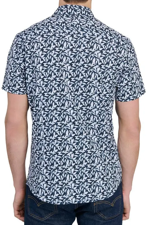 W.R.K Leaf Print Short Sleeve Performance Button-up Shirt - Navy