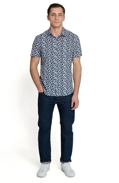 W.R.K Leaf Print Short Sleeve Performance Button-up Shirt - Navy