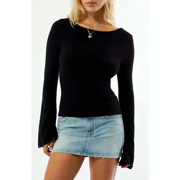 PACSUN Wide Neck Bell Sleeve Knit Top - Black