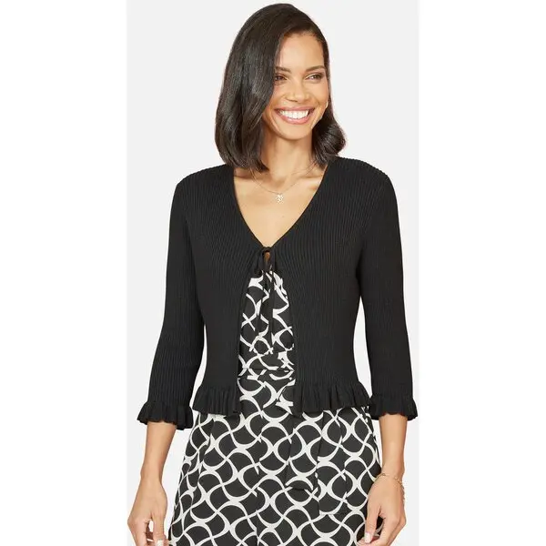 YUMI Tie Front Ribbed Cardigan With Frilled Hem - Black