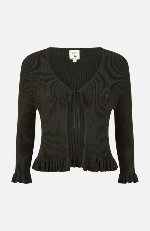 YUMI Tie Front Ribbed Cardigan With Frilled Hem - Black