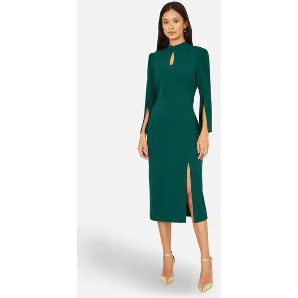 YUMI Mock Neck Keyhole Tailored Midi Dress - Green