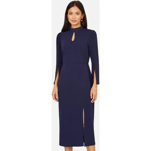 YUMI Mock Neck Keyhole Tailored Midi Dress - Navy