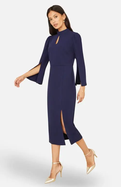 YUMI Mock Neck Keyhole Midi Dress - Navy
