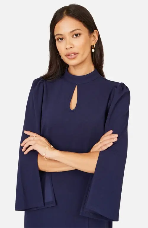 YUMI Mock Neck Keyhole Midi Dress - Navy