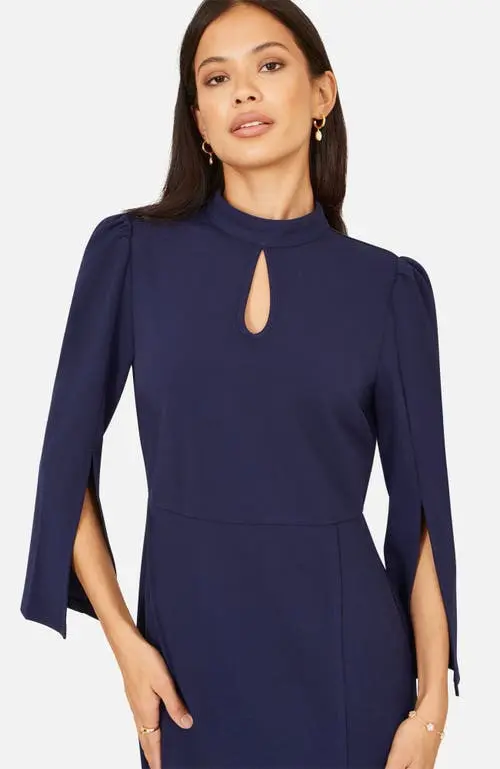 YUMI Mock Neck Keyhole Midi Dress - Navy
