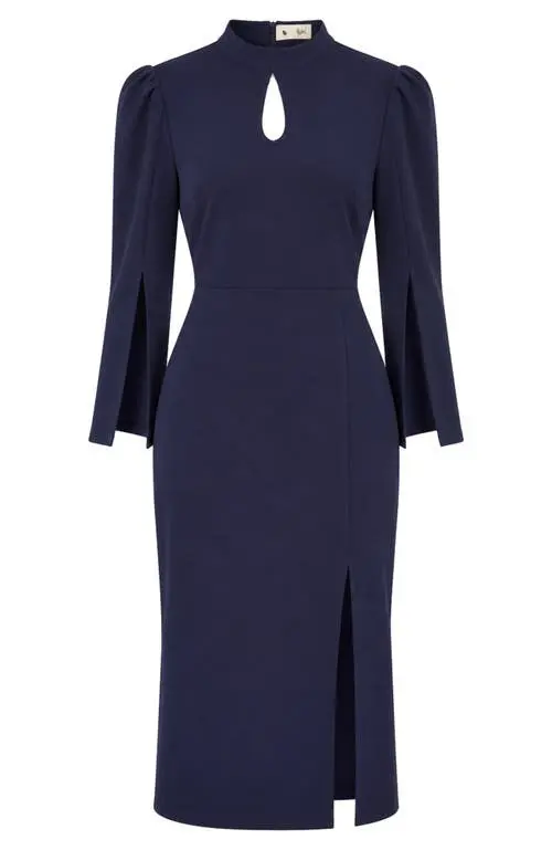 YUMI Mock Neck Keyhole Midi Dress - Navy