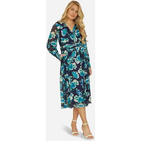 YUMI Floral V-neck Long Sleeve Wrap Midi Dress - Blue