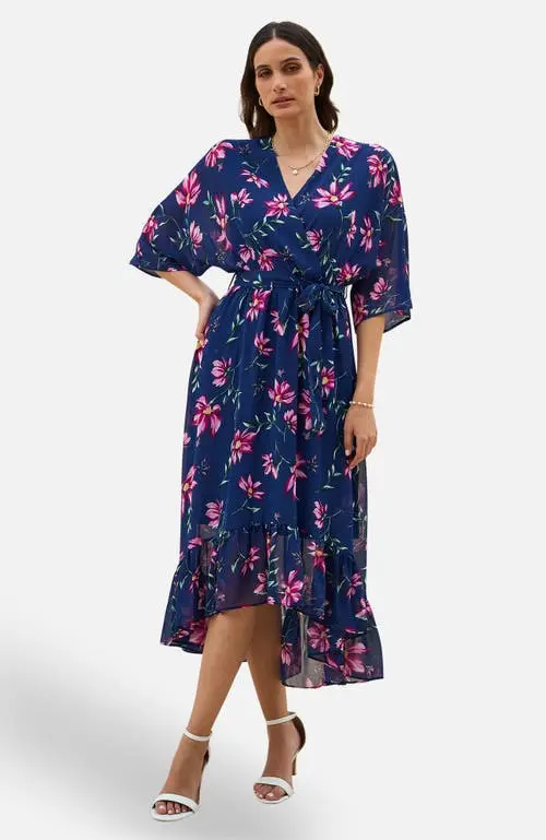 YUMI Floral Midi Dress With Self-tie Belt - Navy