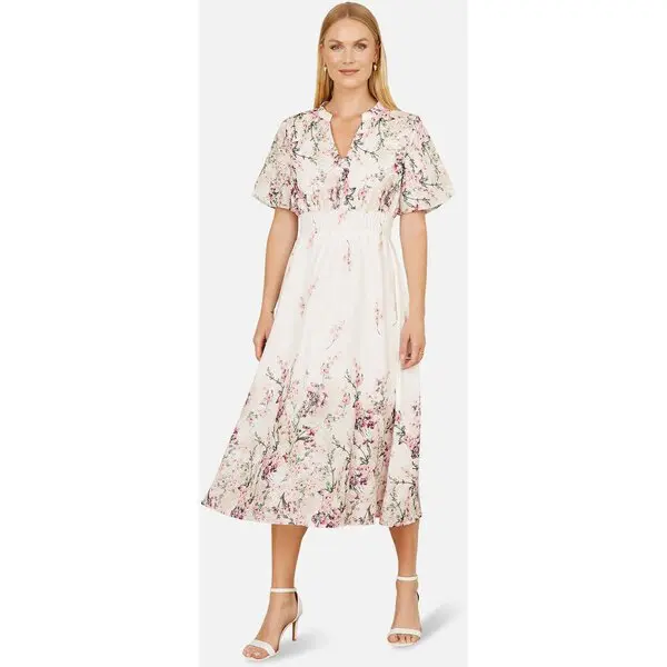 YUMI Mirrored Floral Button Up Midi Dress - Ivory