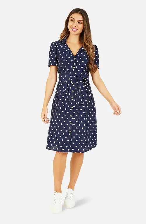 YUMI Polka Dot Shirt Dress - Navy