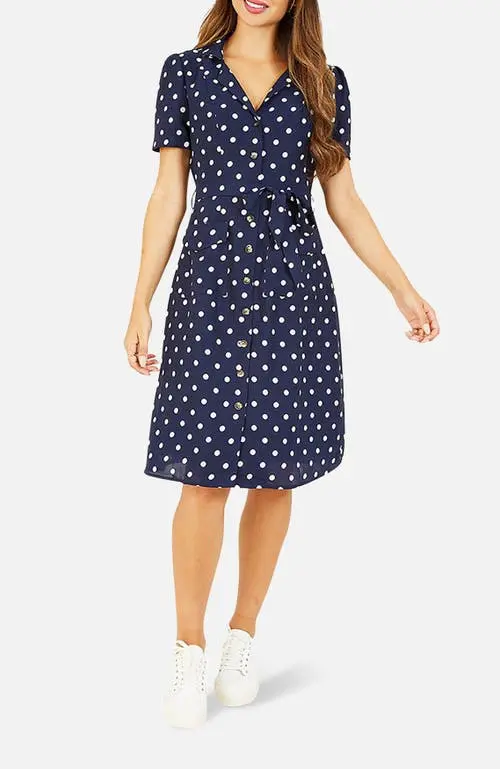 YUMI Polka Dot Shirt Dress - Navy