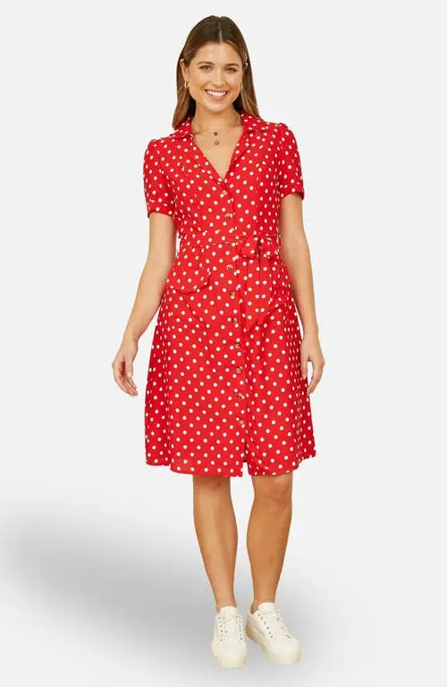 YUMI Polka Dot Shirt Dress - Red