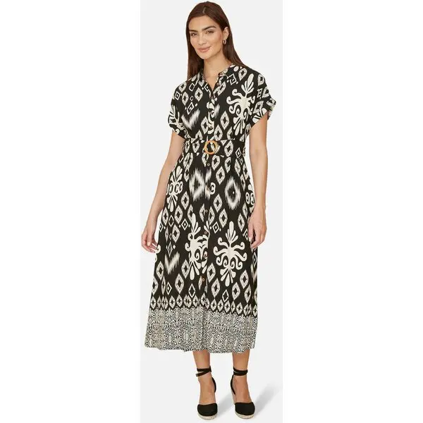 YUMI Geo Print Relaxed Midi Shirt Dress - Black