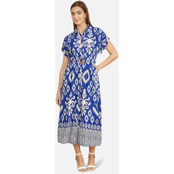 YUMI Geo Print Relaxed Midi Shirt Dress - Blue