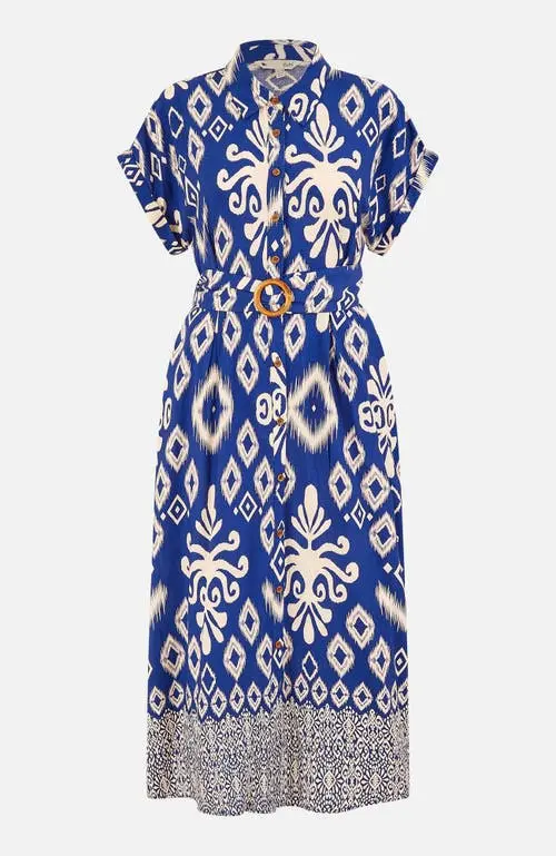 YUMI Geo Print Relaxed Midi Shirt Dress - Blue