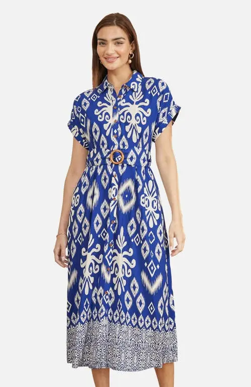 YUMI Geo Print Relaxed Midi Shirt Dress - Blue