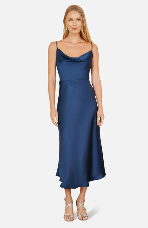 YUMI Satin Cowl Neck Midi Dress - Navy