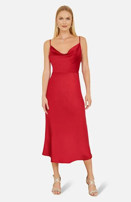 YUMI Satin Cowl Neck Midi Dress - Red