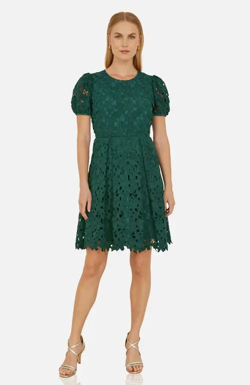 YUMI Lace Puff Sleeve Fit Flare Mini Dress - Green