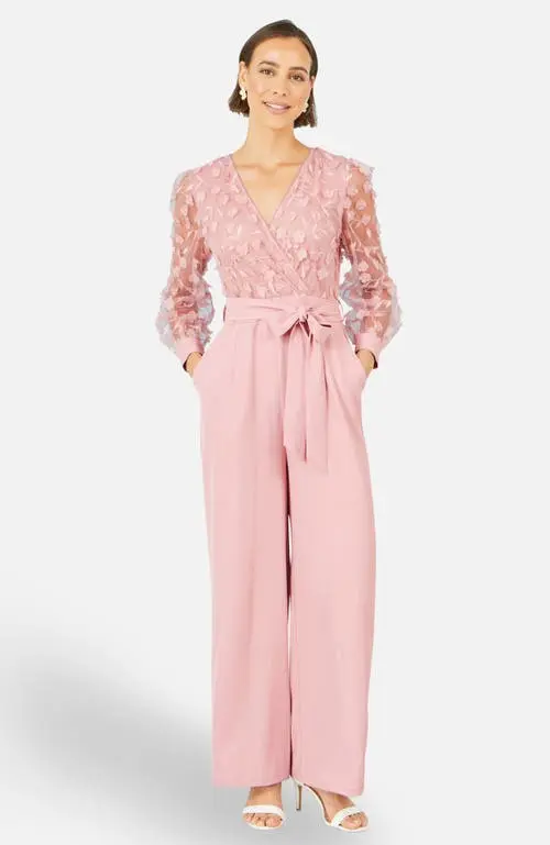 YUMI Sash Waist Floral Applique Wrap Jumpsuit - Pink