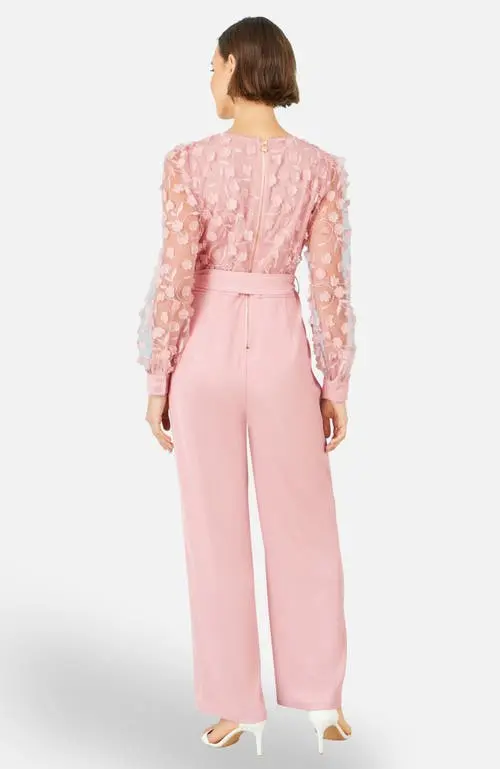 YUMI Sash Waist Floral Applique Wrap Jumpsuit - Pink