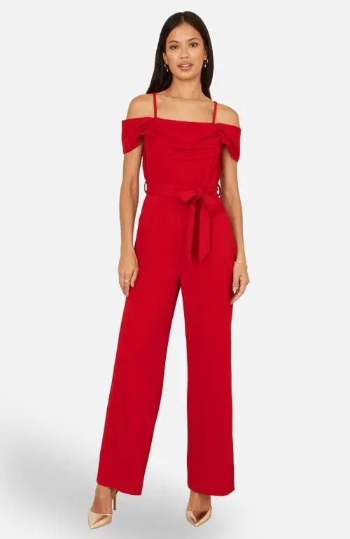 YUMI Draped Bardot Wide-leg Jumpsuit With Self-tie