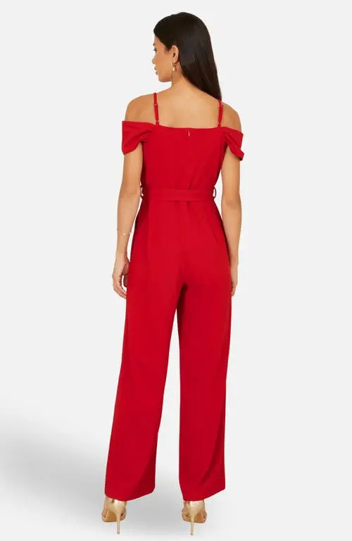 YUMI Draped Bardot Wide-leg Jumpsuit With Self-tie