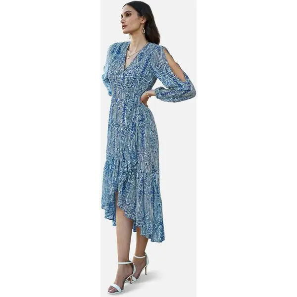 YUMI Paisley Dipped Hemline Midi Dress - Blue