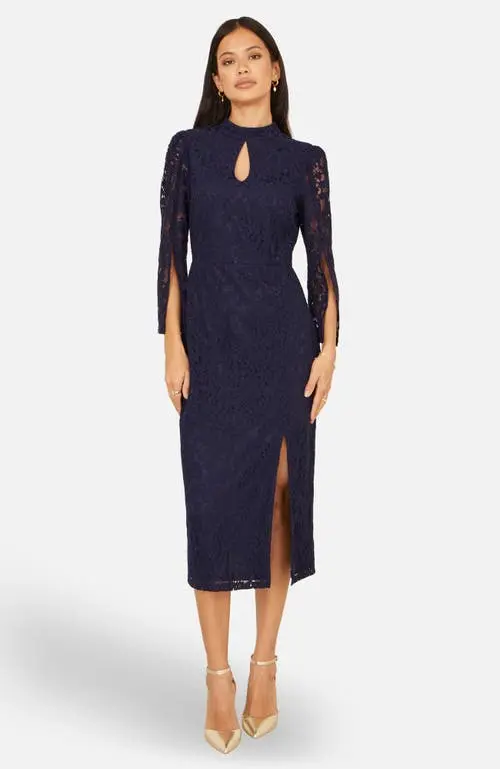 YUMI Lace Fitted Midi Dress - Navy