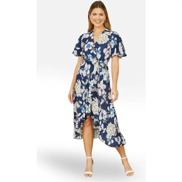 YUMI Floral Midi Wrap Dress - Navy