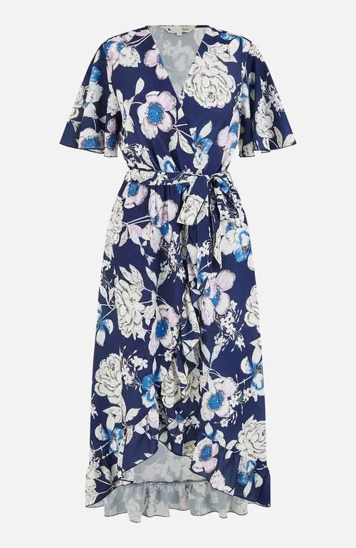 YUMI Floral Midi Wrap Dress - Navy