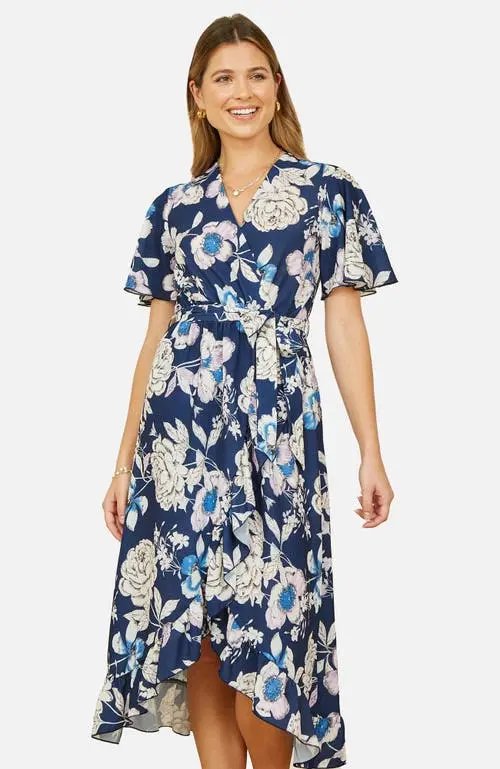 YUMI Floral Midi Wrap Dress - Navy
