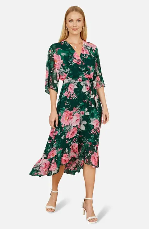 YUMI Wrap Midi Dress With Dip Hem