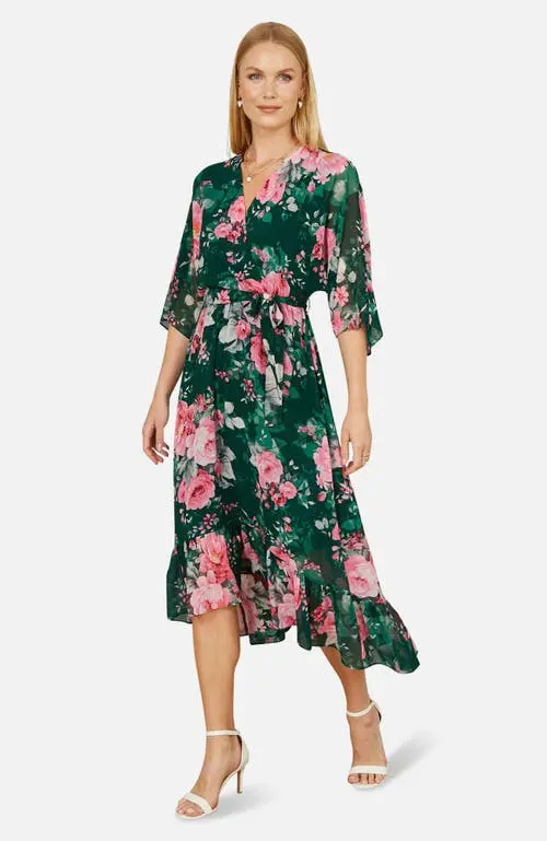 YUMI Wrap Midi Dress With Dip Hem