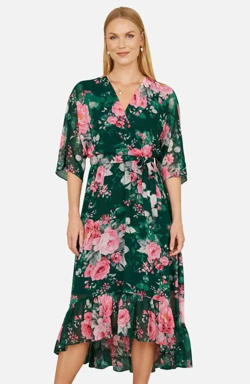 YUMI Wrap Midi Dress With Dip Hem