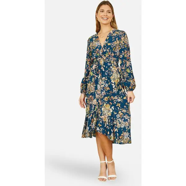 YUMI Tie Knot Front Long Sleeve Midi Dress - Navy