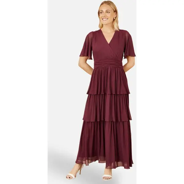 YUMI Mesh V-neck Tiered Maxi Dress With Ruffled Skirt - Burgundy