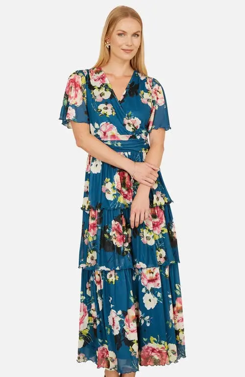 YUMI Mesh V-neck Tiered Maxi Dress With Ruffled Skirt - Green