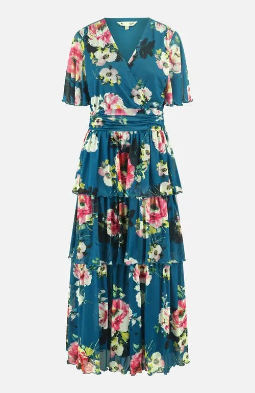 YUMI Mesh V-neck Tiered Maxi Dress With Ruffled Skirt - Green