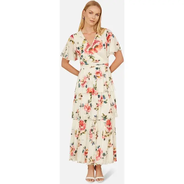 YUMI Mesh V-neck Tiered Maxi Dress With Ruffled Skirt - Ivory