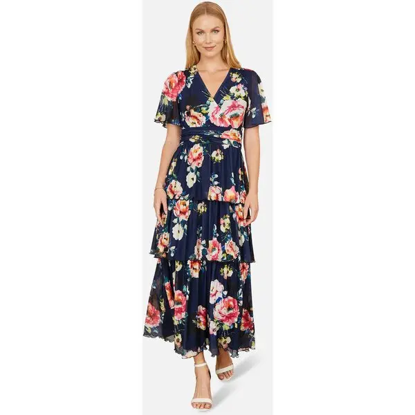 YUMI Floral Mesh Tiered Maxi Dress - Navy