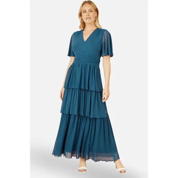 YUMI Mesh V-neck Tiered Maxi Dress - Teal