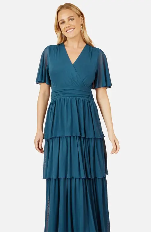 YUMI Mesh V-neck Tiered Maxi Dress With Ruffled Skirt - Teal