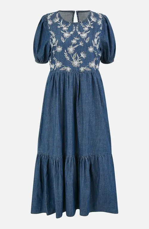 YUMI Floral Embroidered Puff Sleeve Denim Dress