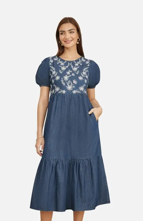 YUMI Floral Embroidered Puff Sleeve Denim Dress