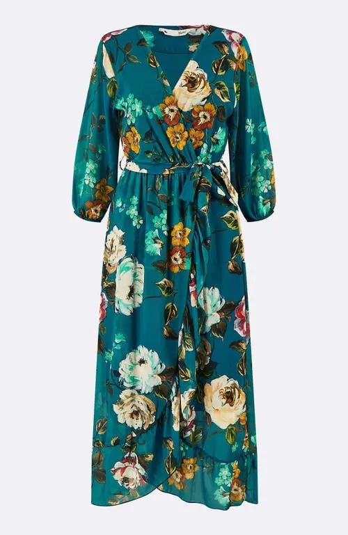 YUMI Watercolour Dip Hem Midi Wrap Dress - Teal