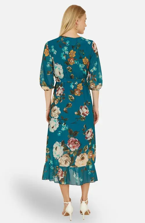 YUMI Watercolour Dip Hem Midi Wrap Dress - Teal