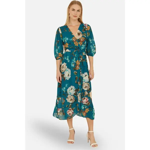 YUMI Watercolour Dip Hem Midi Wrap Dress - Teal